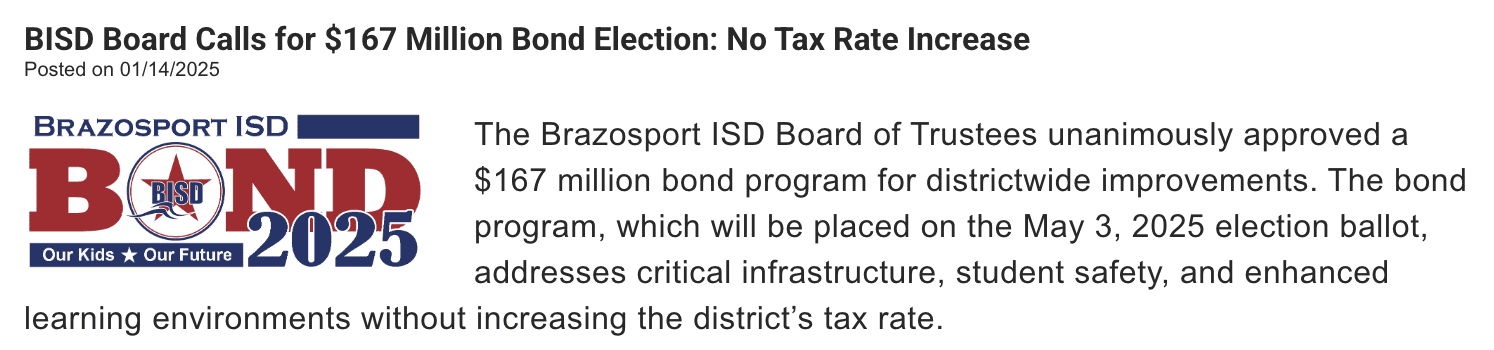 Brazosport ISD Tells Voters $167M Bonds Won't Raise Tax 'Rate' - Texas ...
