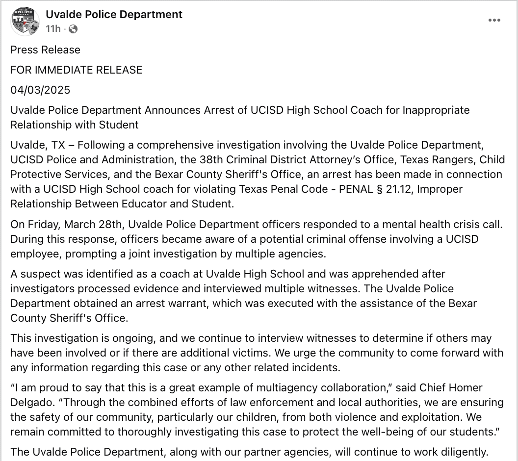 Uvalde High School Coach Arrested for ‘Improper Relationship’ With ...