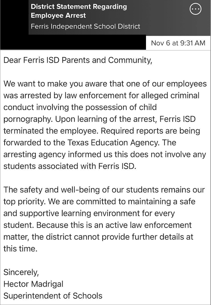 Ferris ISD Teacher Faces Felony for Child Sex Abuse Material - Texas ...