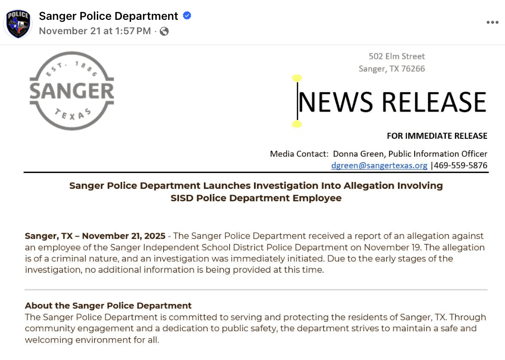 Sanger ISD Police Officer Accused of Misconduct With Student - Texas ...