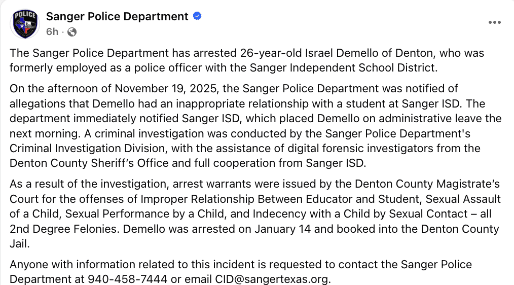 Suspended Sanger ISD Policeman Jailed for Sex Crimes Against Student ...